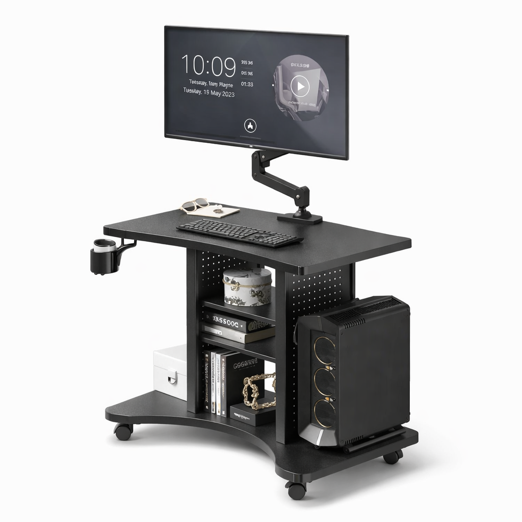 WS-50 Mobile Computer Desk with Adjustable Monitor Arm & Storage Shelv ...